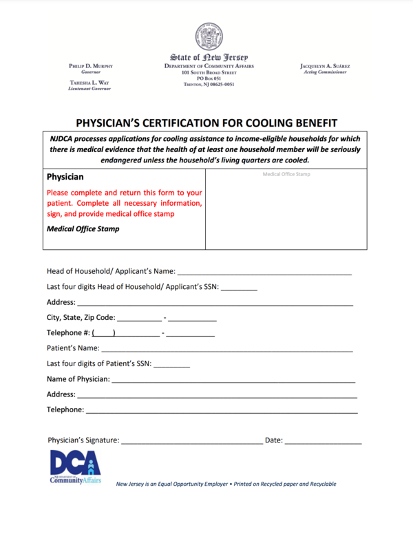 Physician's Certification for Cooling Benefit | NJ 2-1-1 Partnership